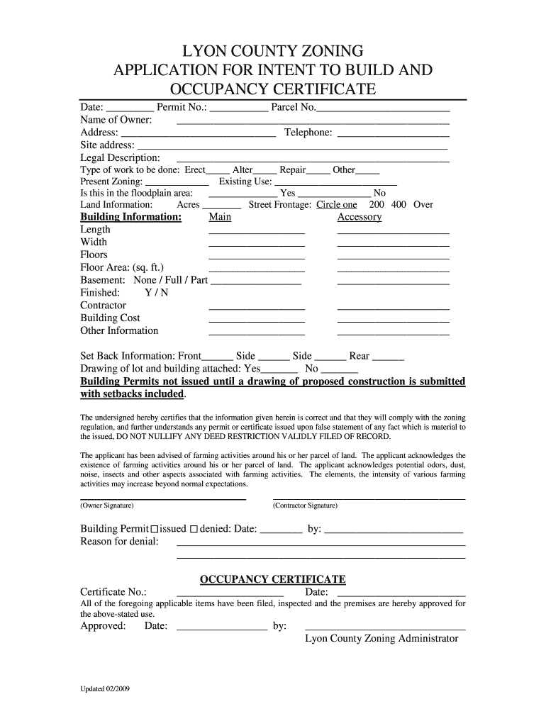 Fillable Online lyoncounty Intent to BuildOccupancy Certificate aka bb - Lyon County Kansas Fax ...