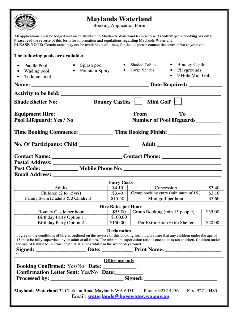 Fillable Online bayswater wa gov Maylands Waterland Booking Application ...