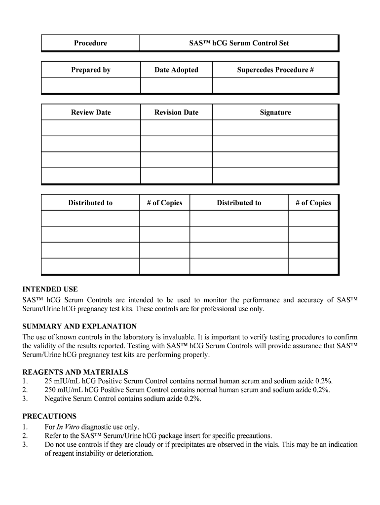 Fillable Online Procedure SAS hCG Serum Control Set Prepared by Date Fax Email Print - pdfFiller