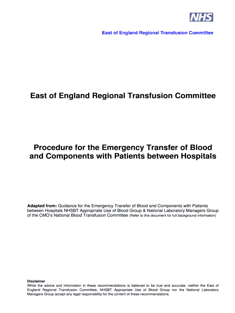 Fillable Online Procedure for the Emergency Transfer of Blood Fax Email ...