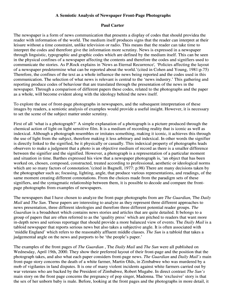 Fillable Online A Semiotic Analysis Of Newspaper Front Page Photographs