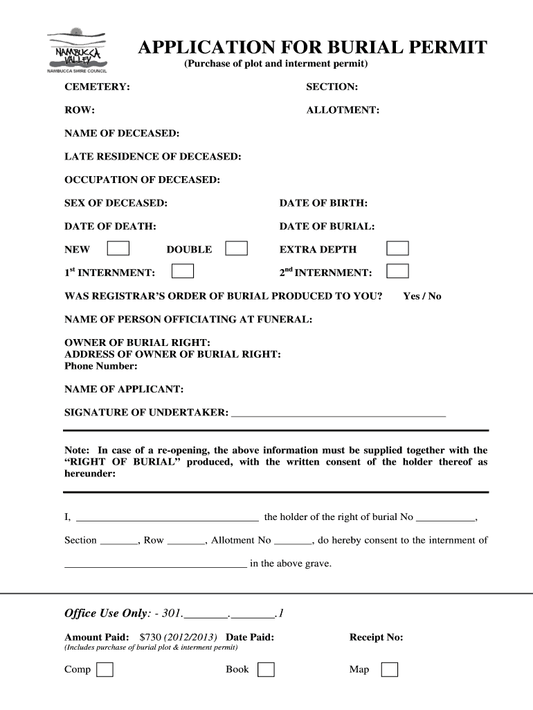 Fillable Online Application for Burial Permit 2.DOC Fax Email Print ...