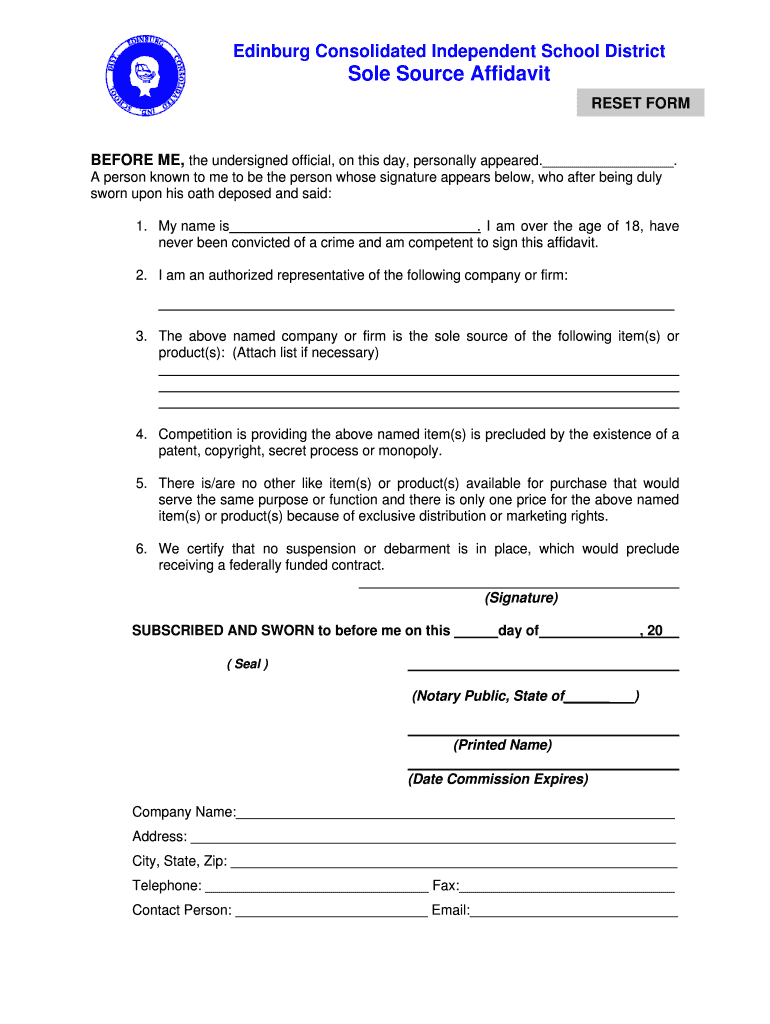 Fillable Online Sole Source Affidavit - Edinburg Independent School District Home Fax Email ...