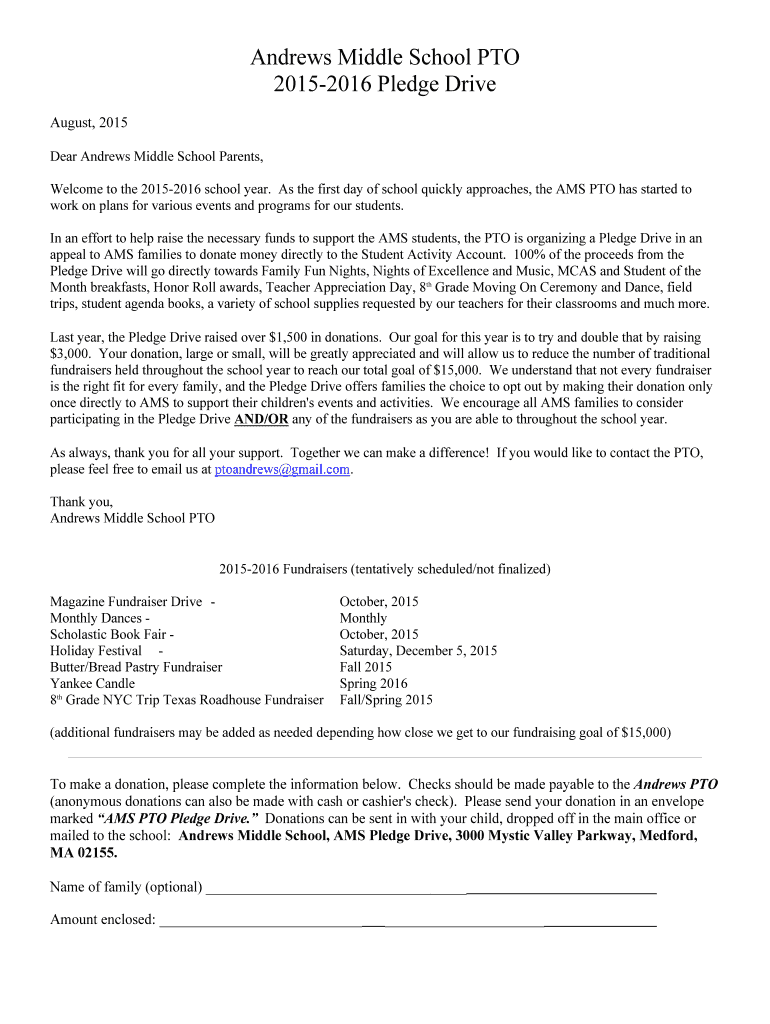 Fillable Online AMS PTO Pledge Drive Letter - Medford Public Schools ...