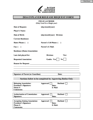 Fillable Online pcfll bc 201415 PLAYER RELEASE REQUEST FORM Fax Email Print - pdfFiller