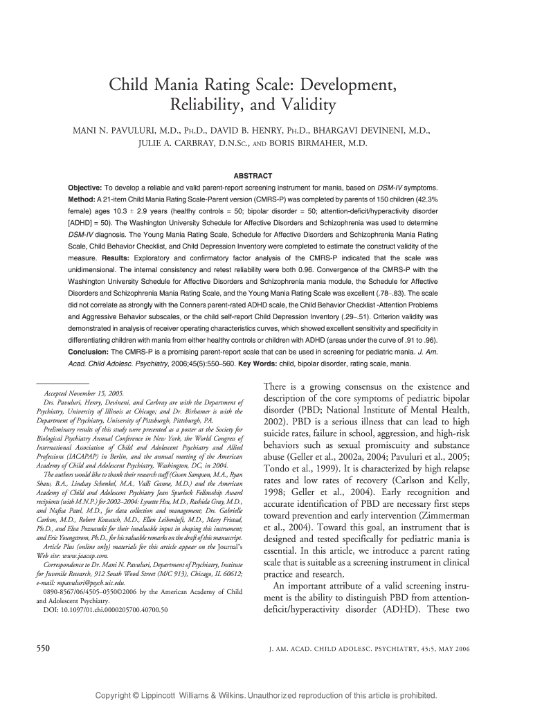 Fillable Online Child Mania Rating Scale: Development, Fax Email Print ...