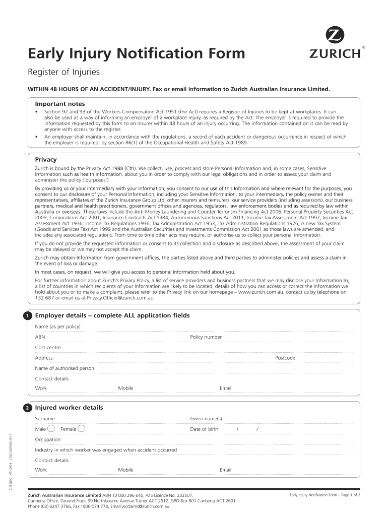 Fillable Online Early Injury Notification Claim Form - Zurich Fax Email ...