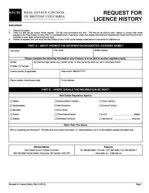 Fillable Online Request for Licensing History - Real Estate Council of ...