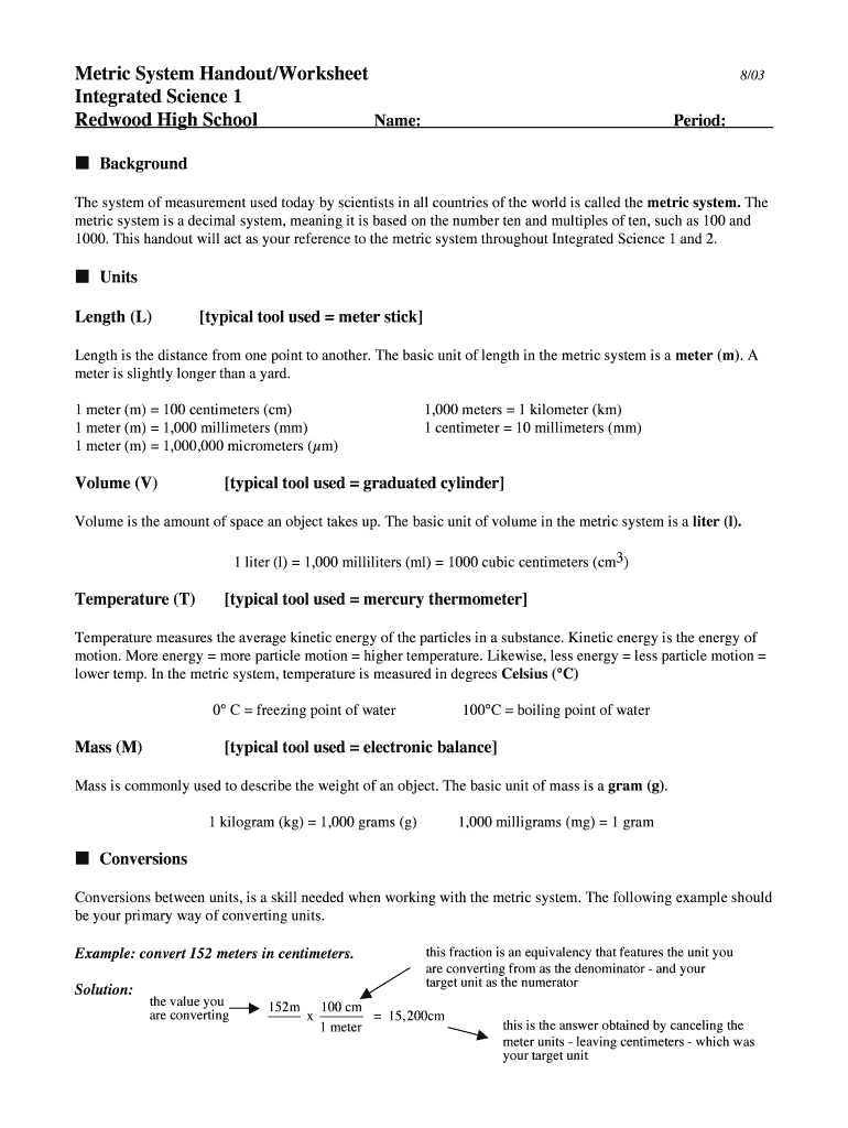 Fillable Online Metric System Handout/Worksheet Fax Email Print - pdfFiller