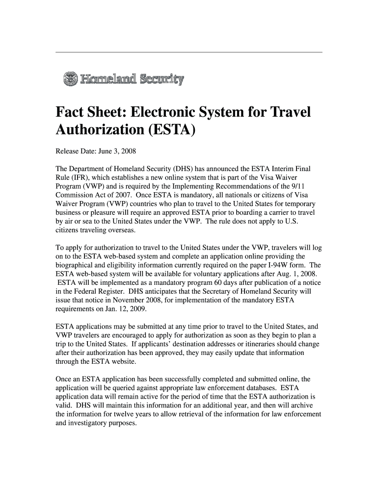 Fillable Online Fact Sheet Electronic System for Travel Authorization ...