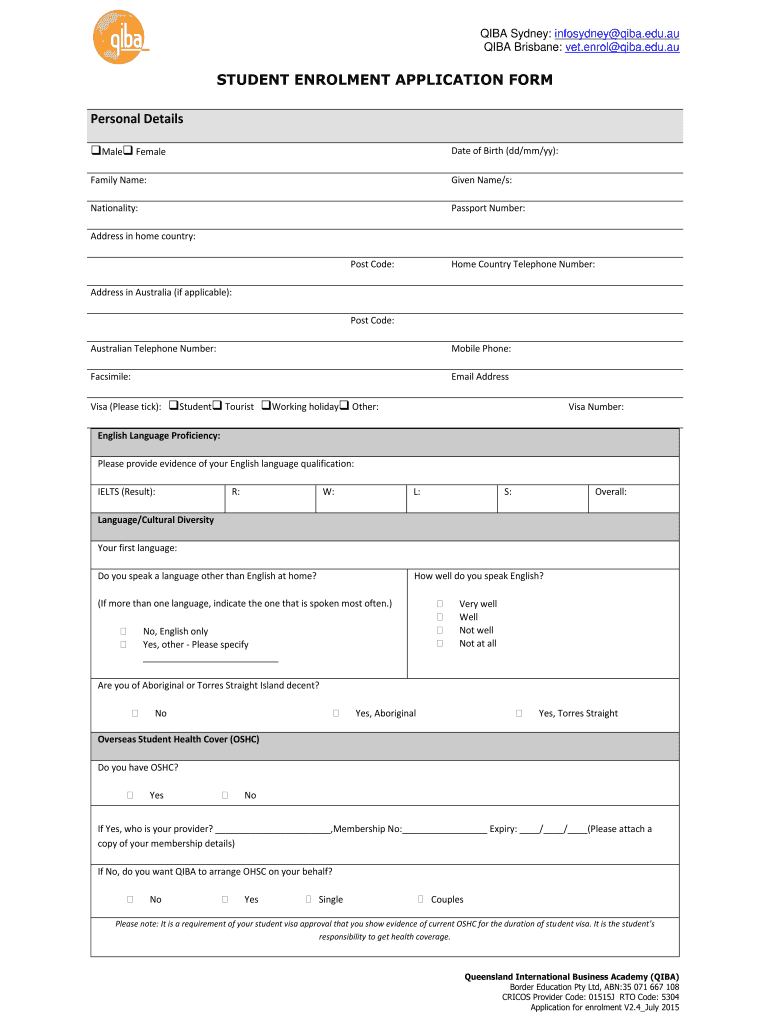 Fillable Online STUDENT ENROLMENT APPLICATION FORM Personal Details Fax ...