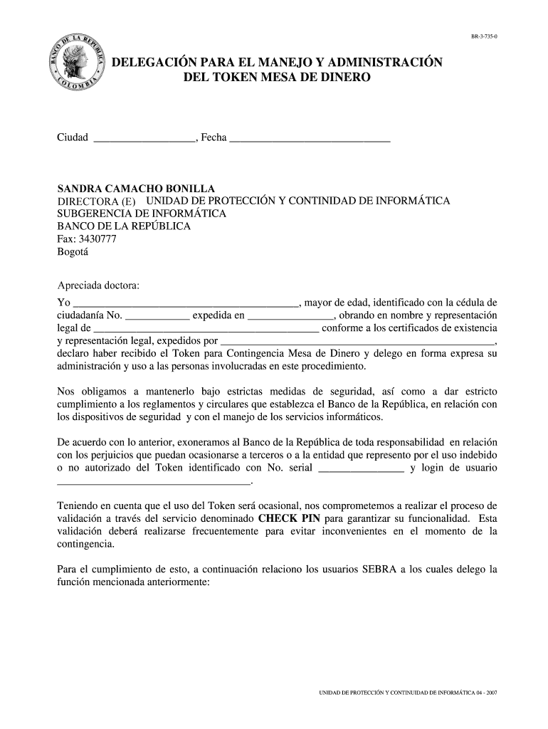 Fillable Online DELEGACIN PARA EL MANEJO Y ADMINISTRACIN DE LA TARJETA INTELIGENTE-TOKEN CARD ...