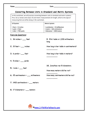 Fillable Online Converting Between Units in Standard and Metric ...