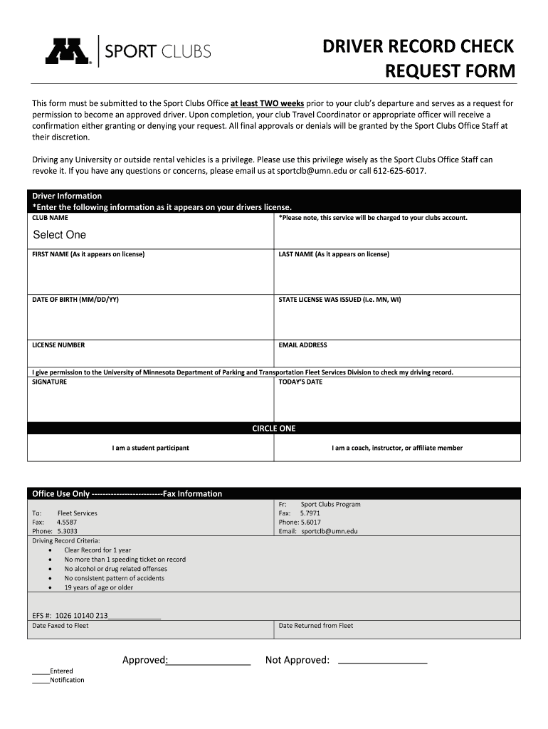Fillable Online recwell umn DRIVER RECORD CHECK REQUEST FORM Fax Email ...