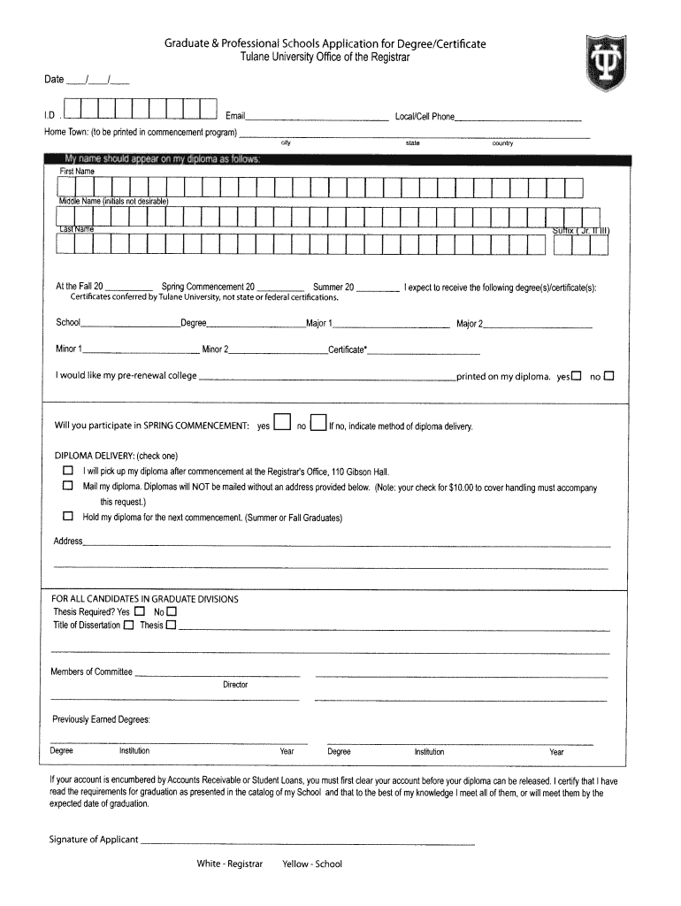 Fillable Online freeman tulane Graduate Application for Degree Fax ...