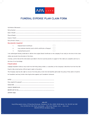 Fillable Online Funeral Expense Plan Claim Form Download - APA Life Fax ...