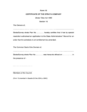 Fillable Online Form 12 CERTIFICATE OF THE STRATA COMPANY Strata Titles ...