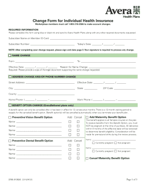 Fillable Online Change Form for Individual Health Insurance - Avera ...