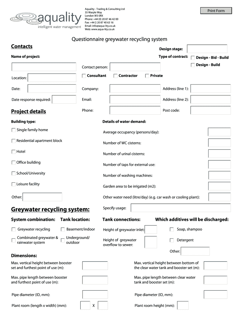 Fillable Online aquality Aquality Greywater Recycling Questionnaire Fax ...
