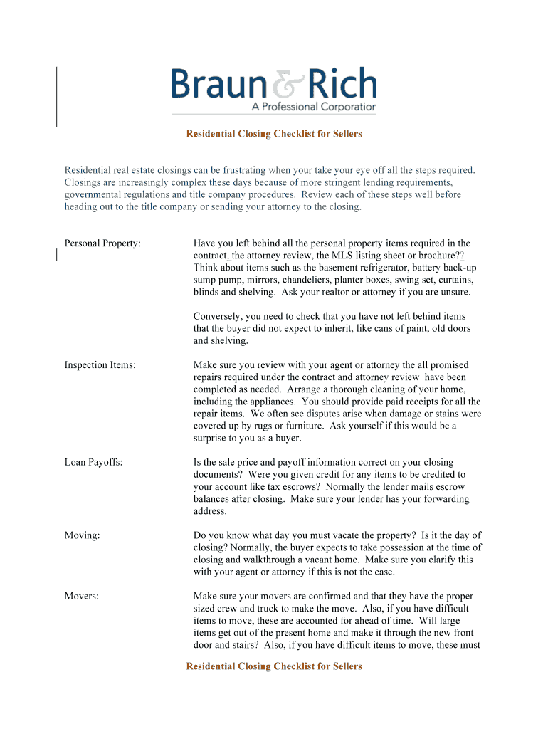 Fillable Online Residential Closing Checklist for Sellers Fax Email Print - pdfFiller