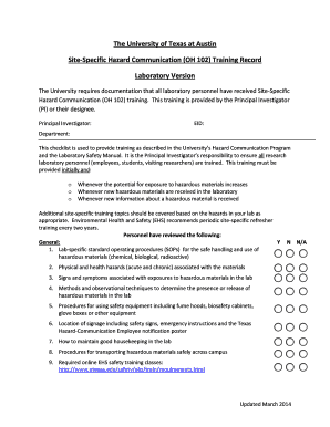 Fillable Online utex Lab Site-Specific Training Checklist and Training ...