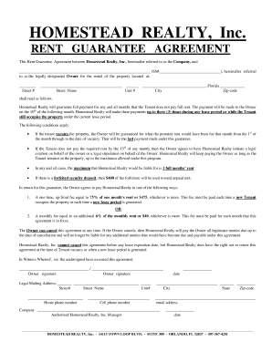 Fillable Online Rent guarantee agreement - Homestead Realty Fax Email ...