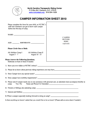 Fillable Online nctrcriders Camper information sheet b2010b ...