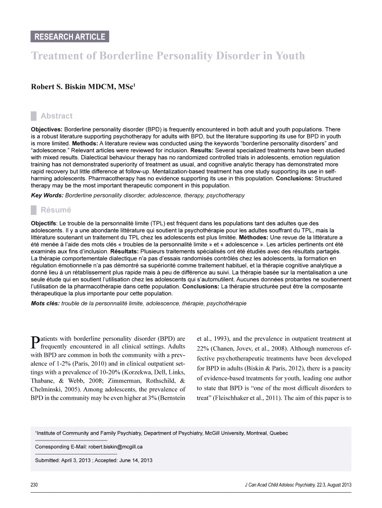 Fillable Online Treatment of Borderline Personality Disorder in Youth Fax Email Print - pdfFiller