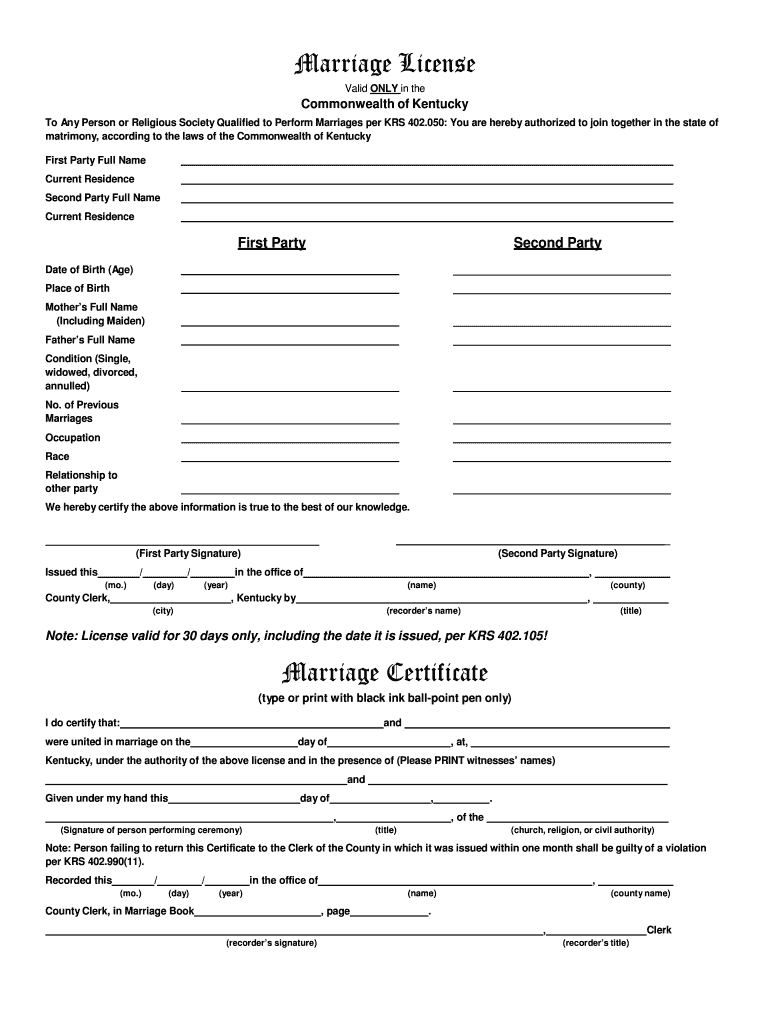 Kentucky Marriage License - Blank Fillable Template | Fill Out, Print ...