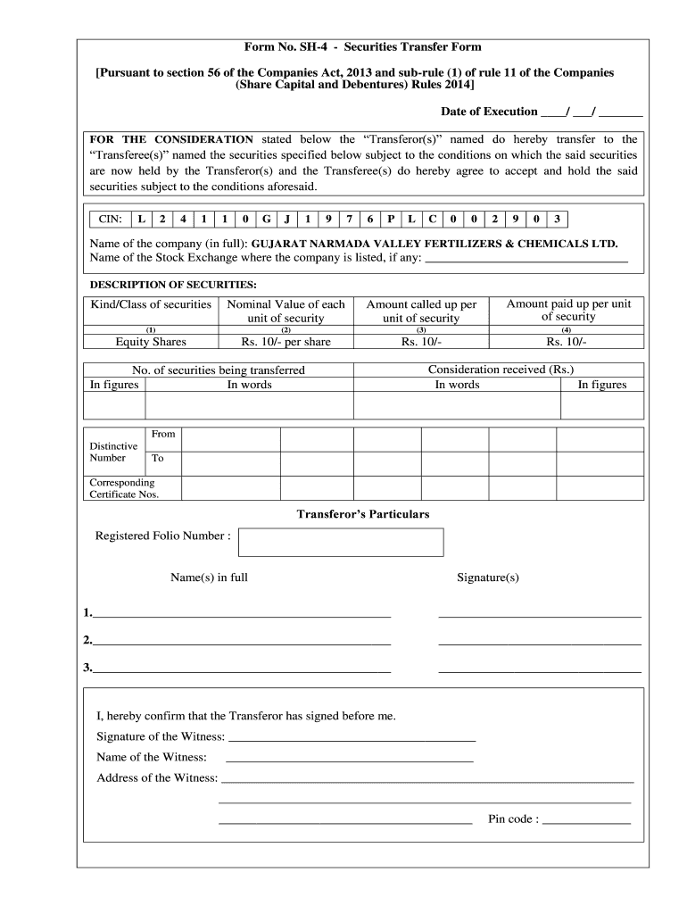 Fillable Online Form No. SH-4 - Securities Transfer Form - Gujarat ...