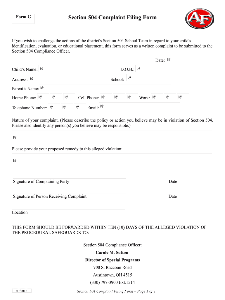 Fillable Online austintown k12 oh Section 504 Complaint Filing bFormb - Austintown Local Schools ...