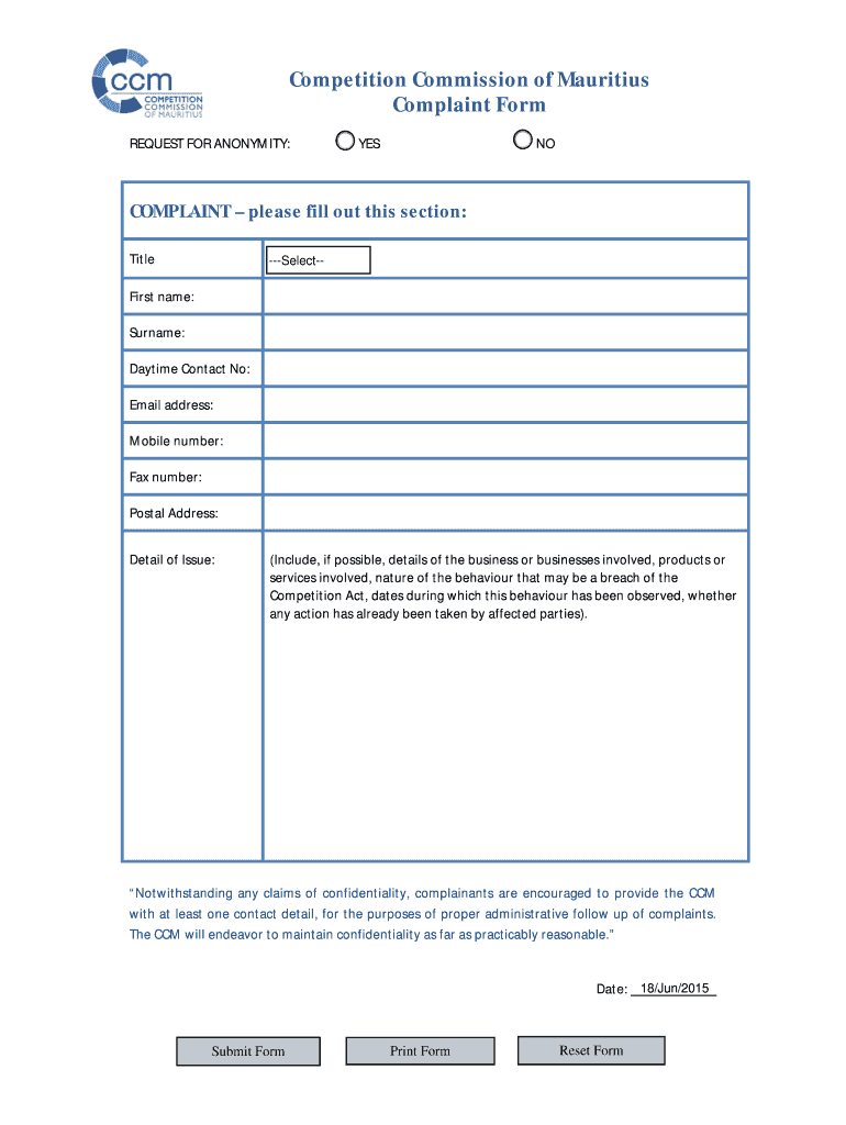 Fillable Online ccm CCM Complaint Form Fax Email Print - pdfFiller