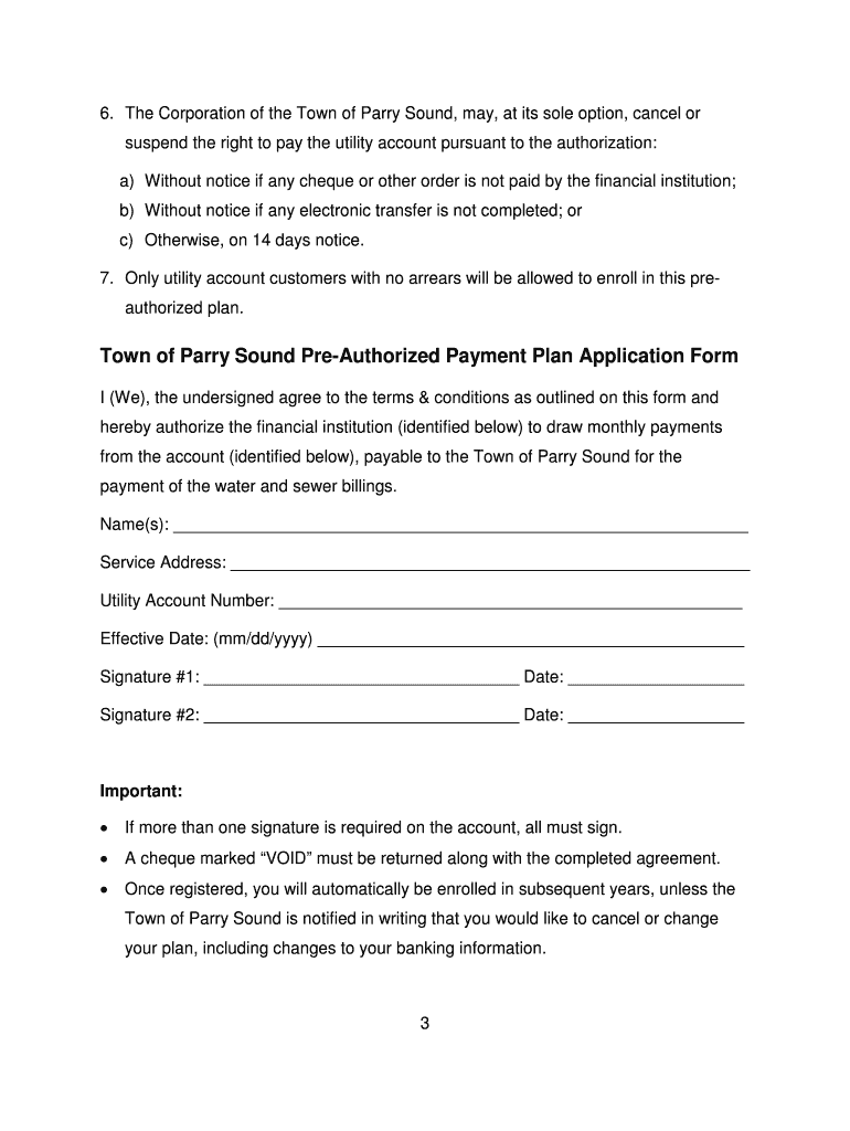 Fillable Online parrysound Pre-Authorized Payment Plan for Water and Sewer Billings Fax Email ...