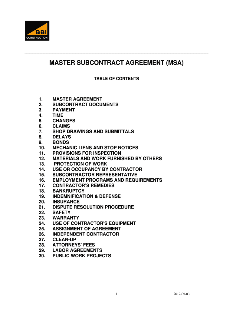 Fillable Online View Master Subcontractor Agreement form Fax Email ...