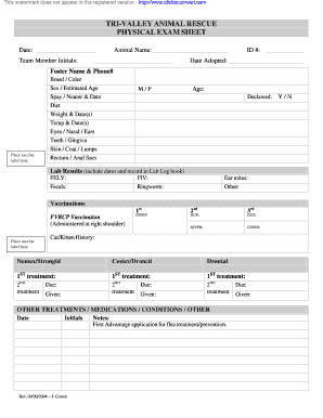 Fillable Online tvar Physical Exam Form - Tri-Valley Animal Rescue ...
