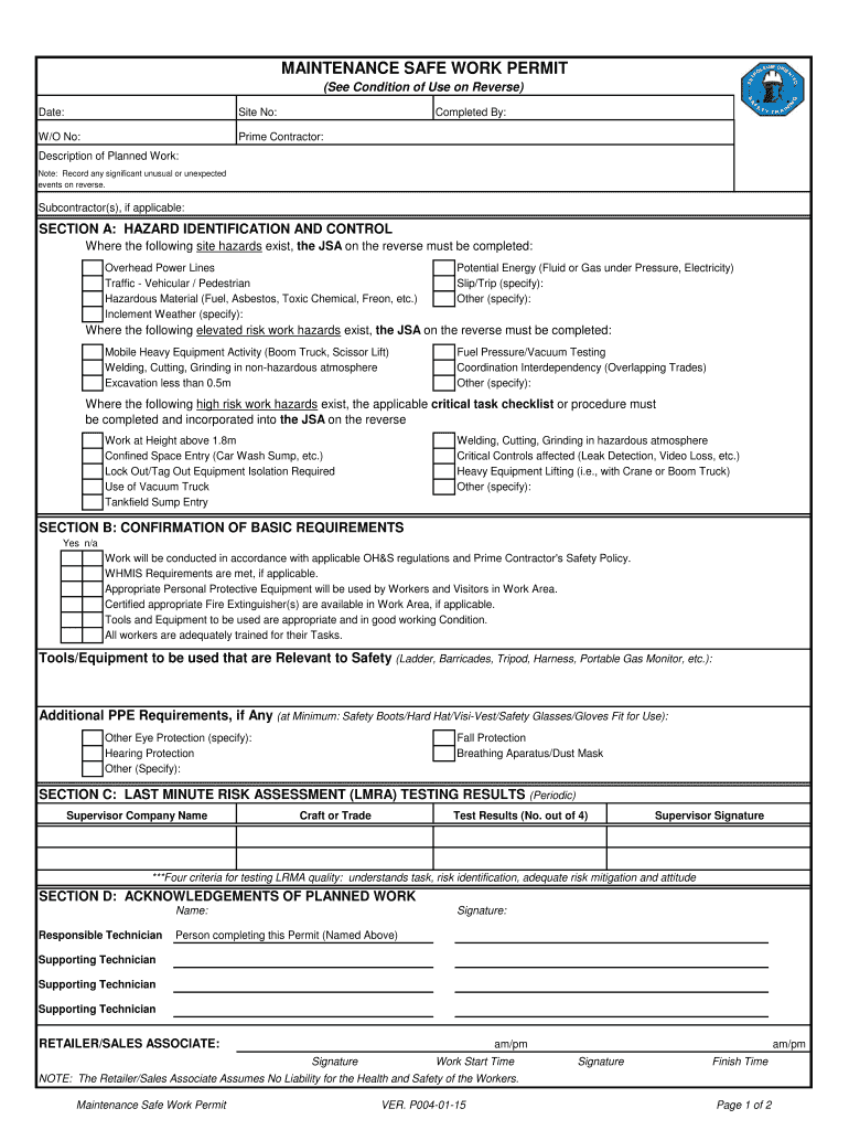 Fillable Online posttraining Maintenance Safe WorkPermit-VER P004-01-15 ...