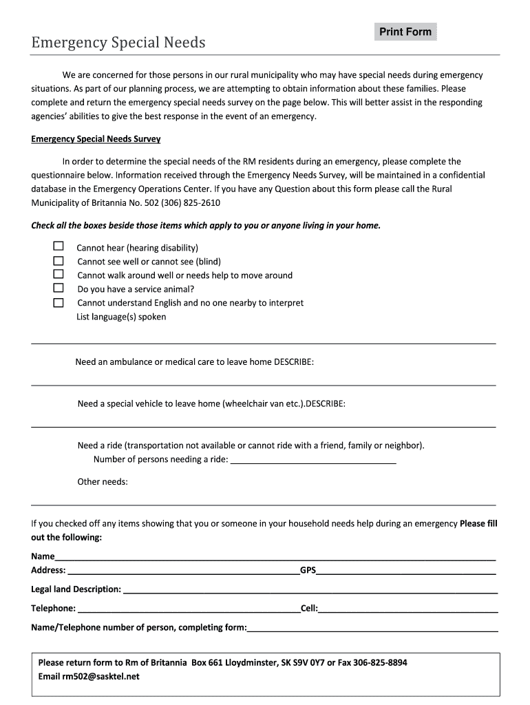 Fillable Online Emergency Special Needs Form Fax Email Print - pdfFiller