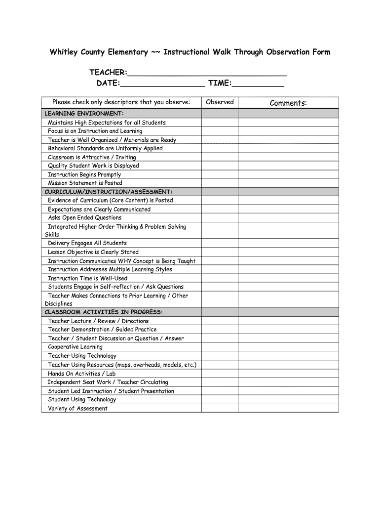 Fillable Online whitley kyschools Instructional Walk Through ...