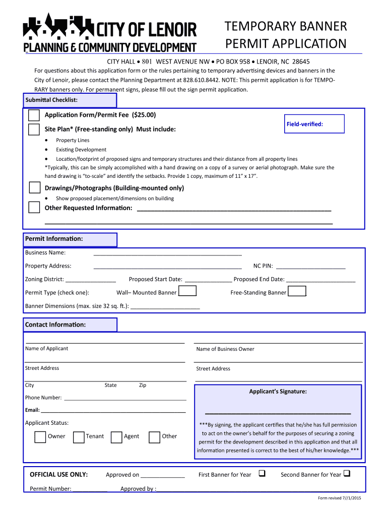 Fillable Online TEMPORARY BANNER PERMIT APPLICATION - City of Lenoir Fax Email Print - pdfFiller