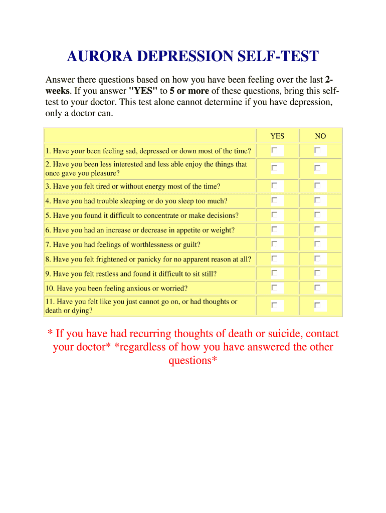 Fillable Online AURORA DEPRESSION SELF-TEST Fax Email Print - pdfFiller