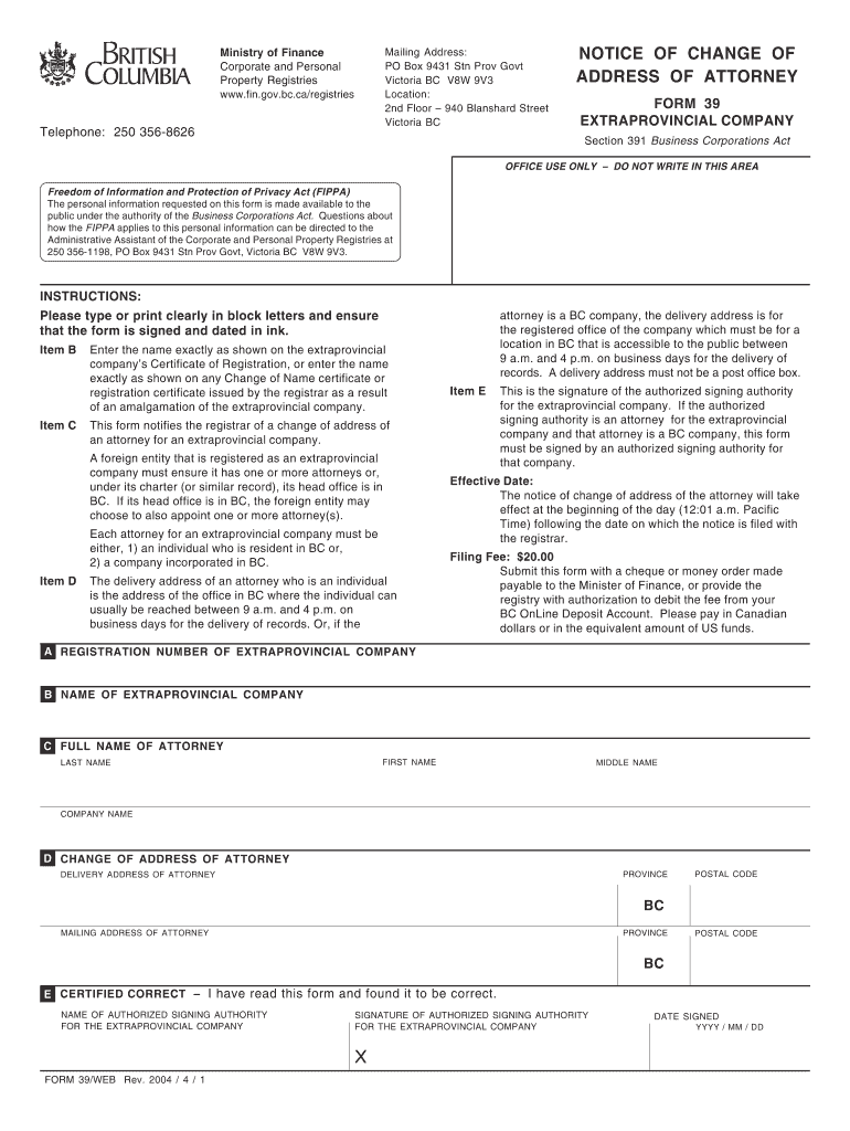 Fillable Online BFormb 39 Change of Address of Attorney - Extraprovincial Company Fax Email ...