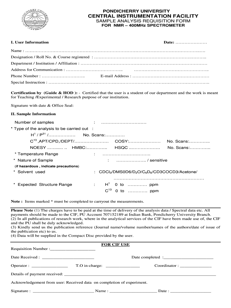 Fillable Online NMR 400MHz SPECTROMETER - Pondicherry University Fax Email Print - pdfFiller