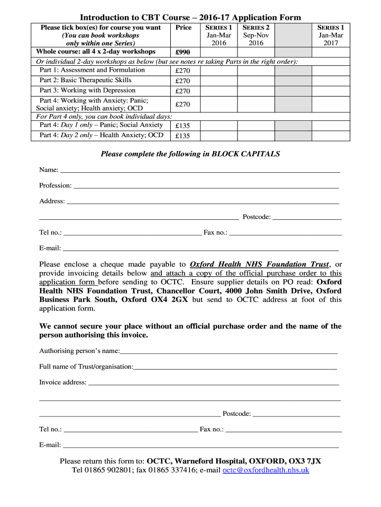 Fillable Online Introduction to CBT Course 2016-17 Application Form Fax Email Print - pdfFiller