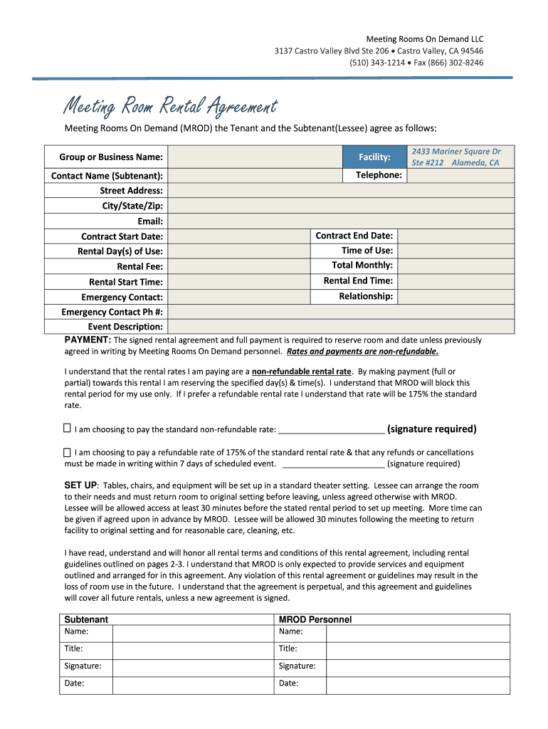 Fillable Online Meeting Room Rental Agreement - Meeting Rooms On Demand ...