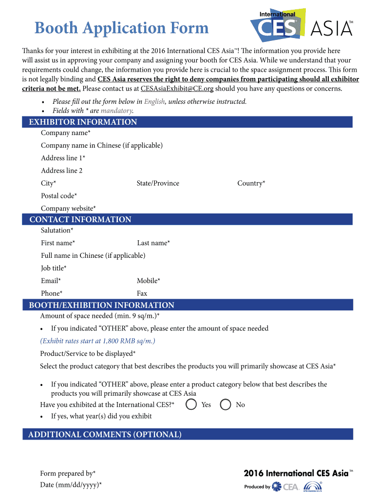 Fillable Online cesasia Booth Application Form - CES Fax Email Print ...