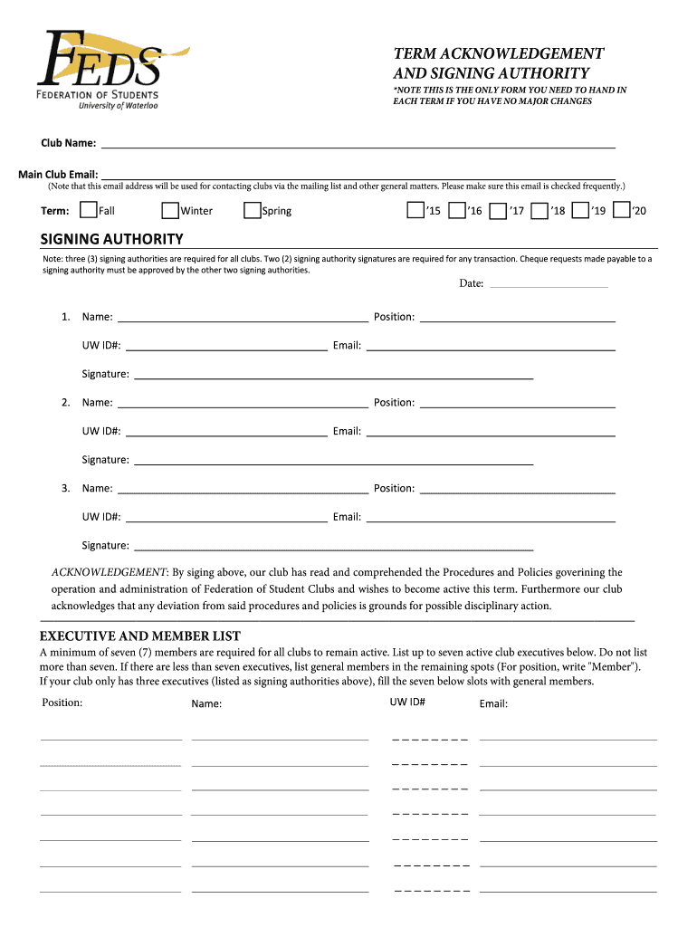 Fillable Online Acknowledgement and Signing Authority Form - Federation of Fax Email Print ...