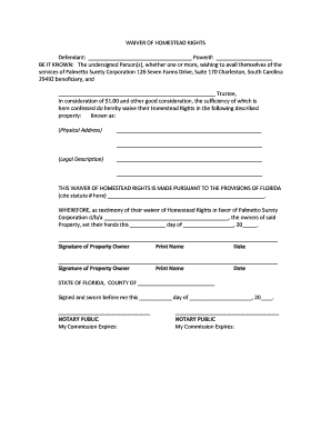 Fillable Online WAIVER OF HOMESTEAD RIGHTS Defendant Power BE IT bb Fax ...