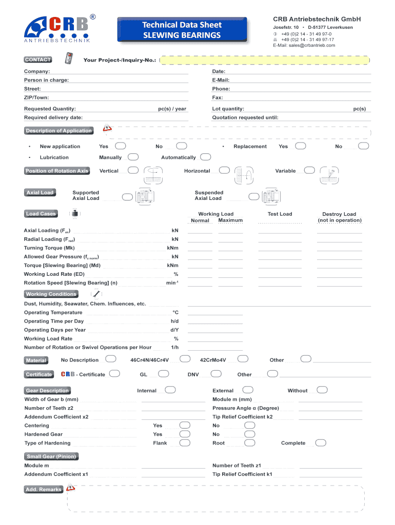 Fillable Online sks Technical Data Sheet SLEWING BEARINGS Fax Email ...
