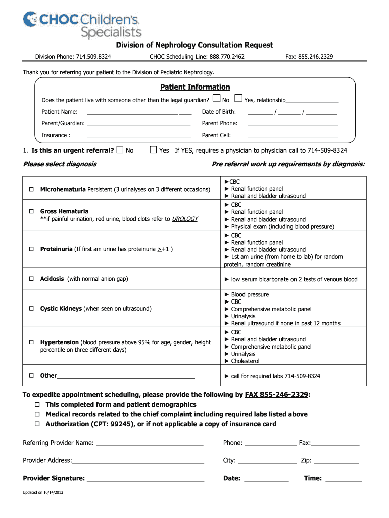 Fillable Online choc Nephrology Referral Request Form - choc Fax Email ...