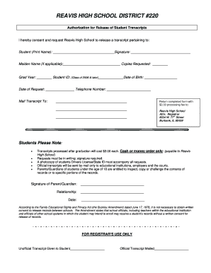 Fillable Online Transcript Request bFormb - Reavis High School Fax ...